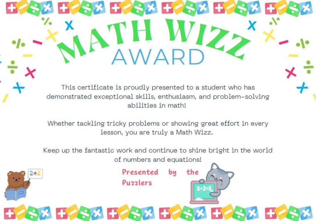 Math Wizz Award Certificate - Printable Download - Etsy