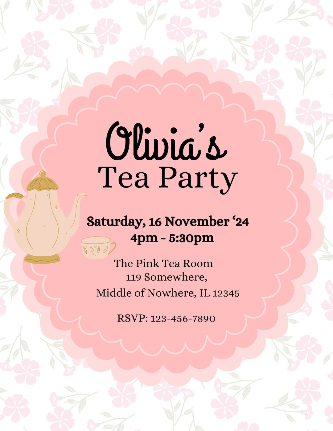 Tea Party Flyer/invitation Customizable Canva Template Floral Pink ...