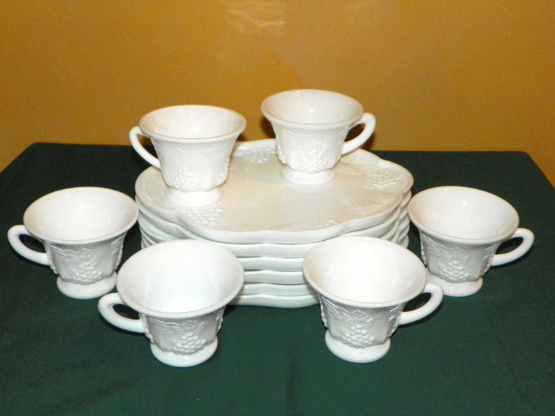 Milk Glass Grape Panel Snack Set, 8 Sets, 16 Pieces, Vintage Colony ...