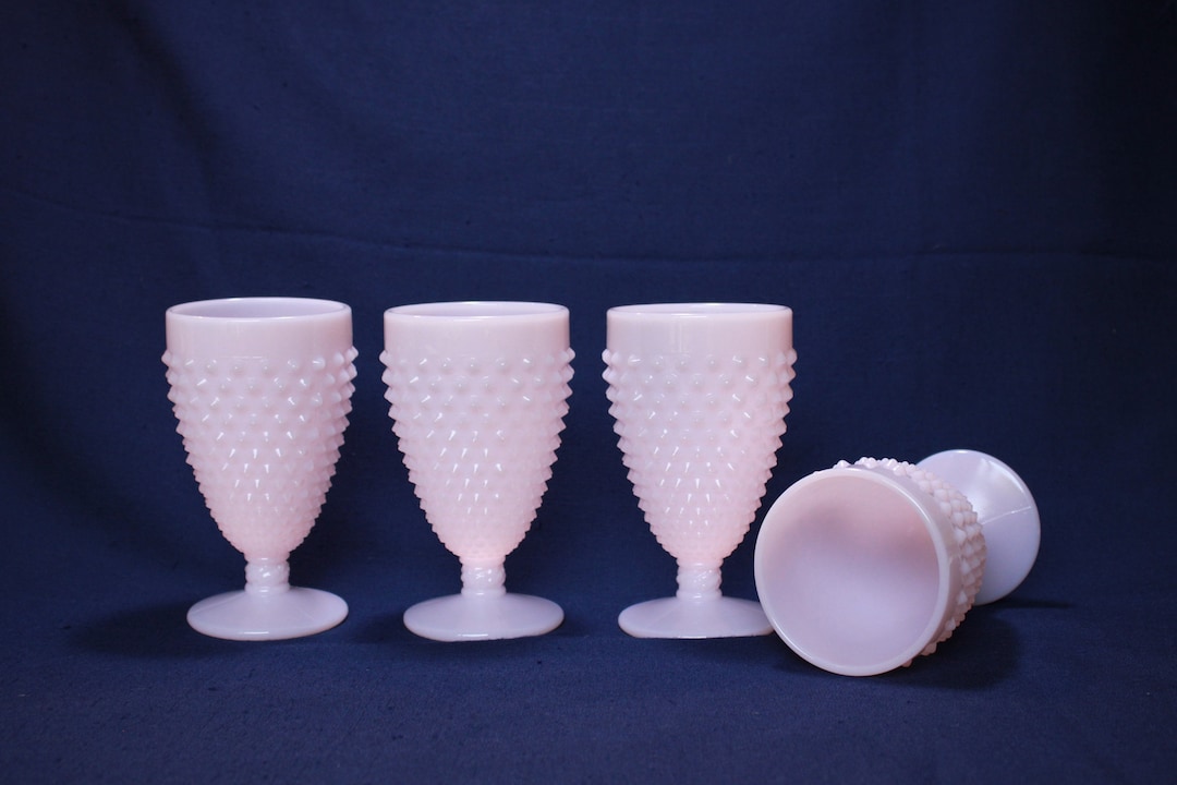 Mosser Pink Hobnail Water Goblets Set of 4 Crown Tuscan Glasses Hold 10 ...