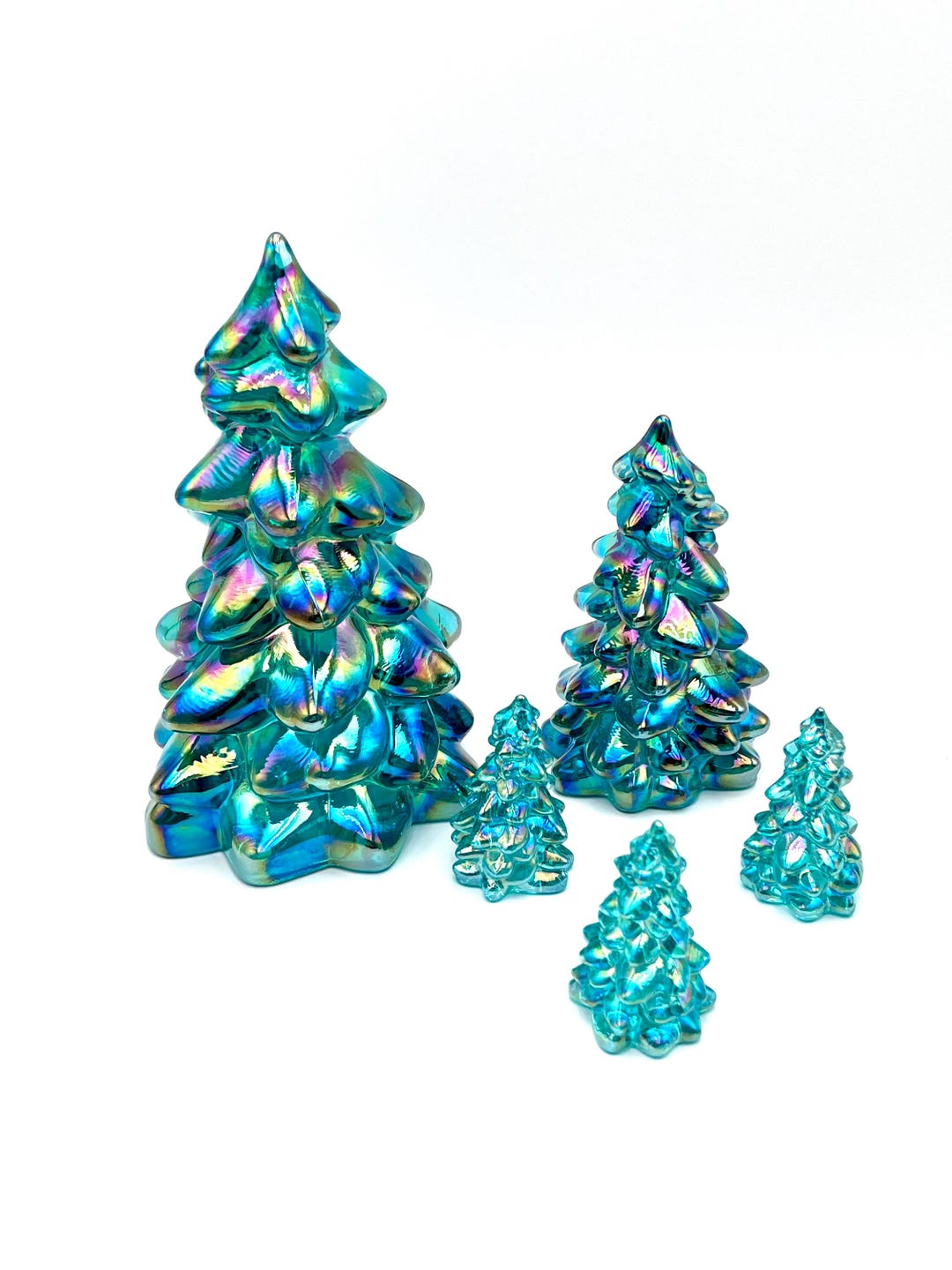 Mosser Glass Trees Teal Carnival Set of 5 Trees, 1 Large, 1 Medium and ...