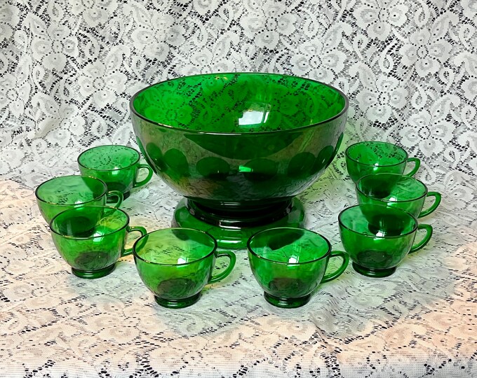 Anchor Hocking Punch Bowl in Forest Green 10 Inch Punch Bowl With 8 ...