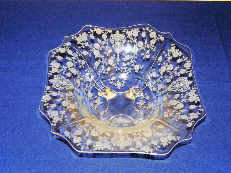 Cambridge Rose Point Etched Glass 12 Square Footed Bowl MINT - Etsy
