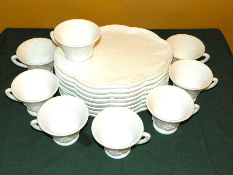 Milk Glass Grape Panel Snack Set, 8 Sets, 16 Pieces, Vintage Colony ...