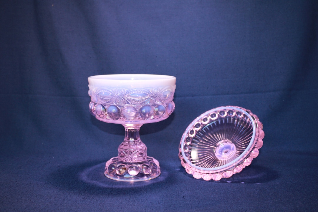 Mosser Glass Eye Winker Covered Candy Dish in Pink Opal, 10 1/4" High ...