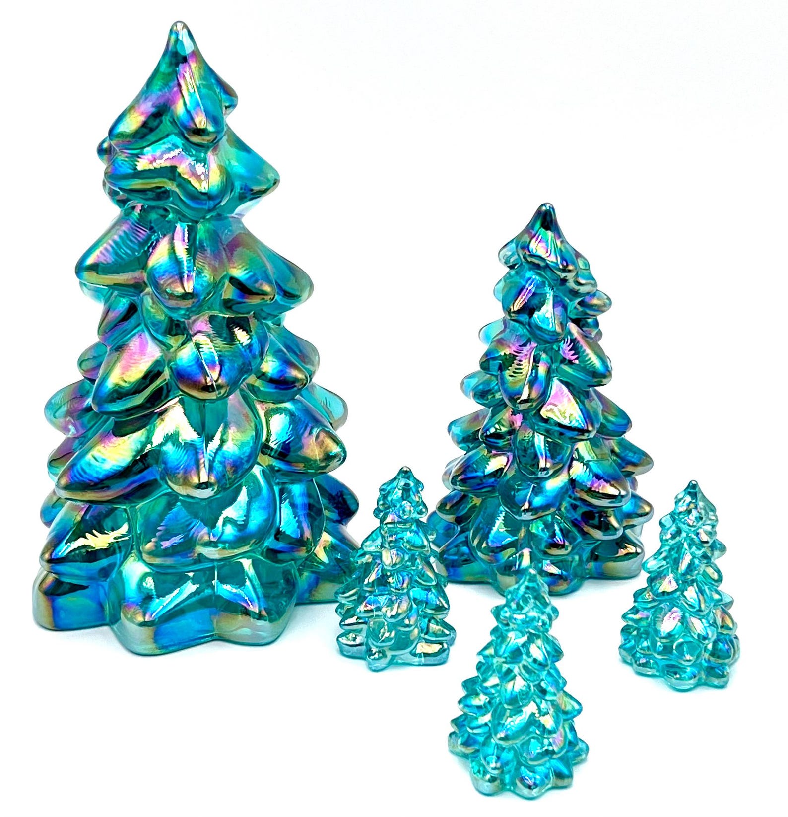 Mosser Glass Trees Teal Carnival Set of 5 Trees, 1 Large, 1 Medium and ...
