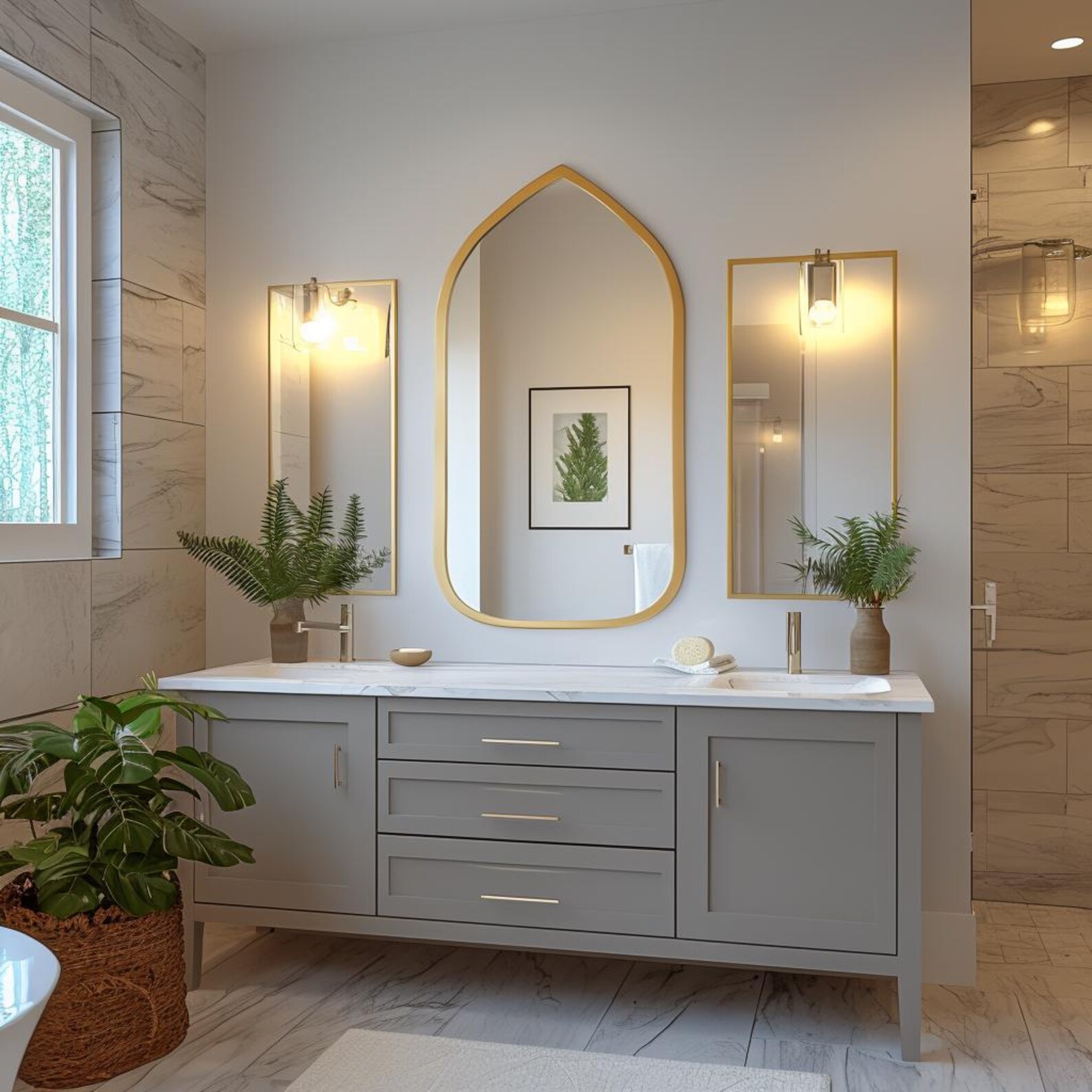Gold Arched Gothic Wall Mirror, Modern Asymmetrical Bathroom Vanity ...