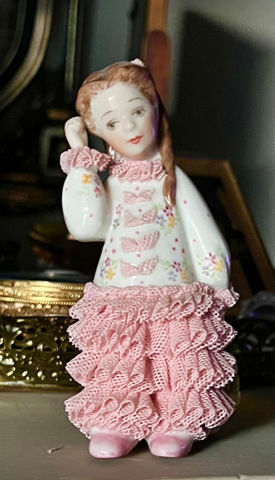 Vintage Irish Dresden Porcelain Lace Figurine Girl With Doll Wendy Pink ...