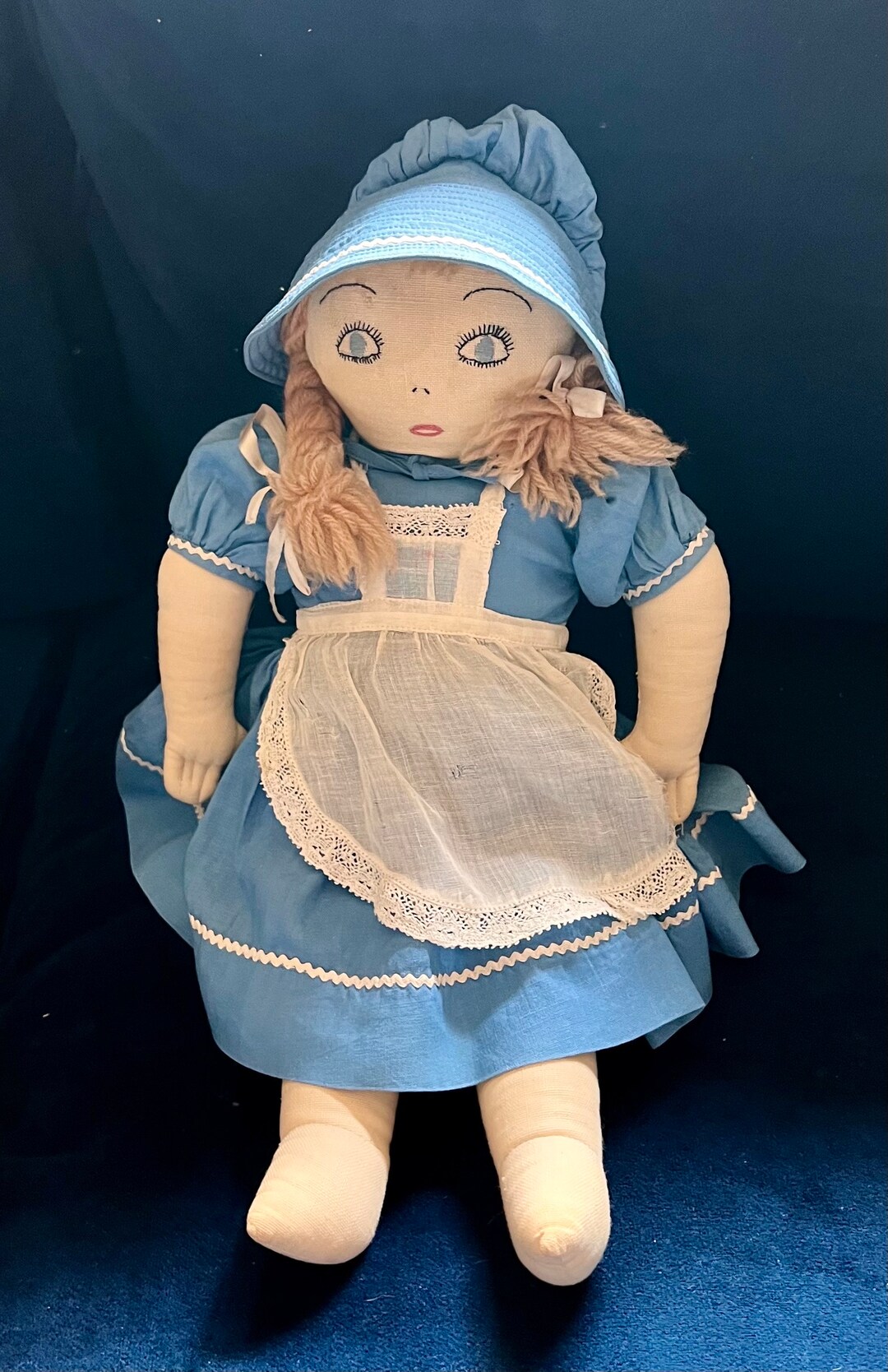 Vintage Hand Stitched Rag Cloth Doll Stuffed Yarn Hair Folk Art Etsy