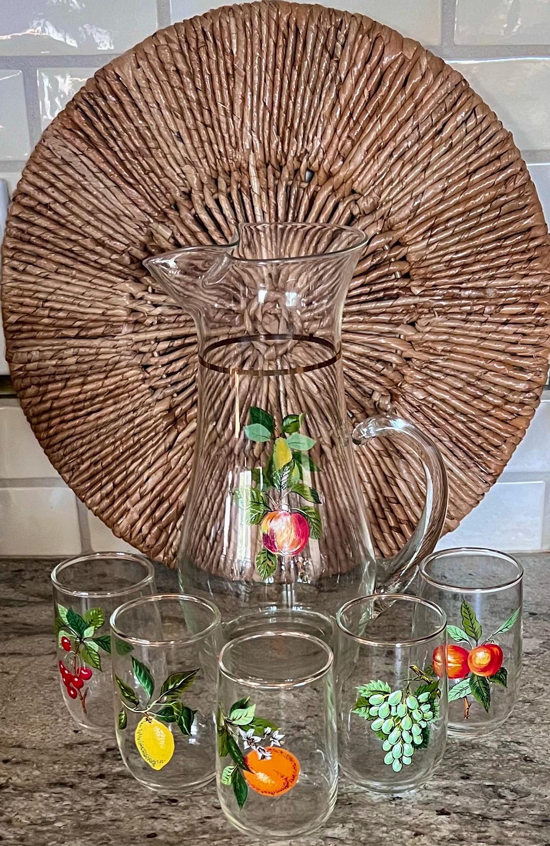 Vintage MCM West Virginia Glass Pitcher Set: Fruit Design, Gold Rim - Etsy