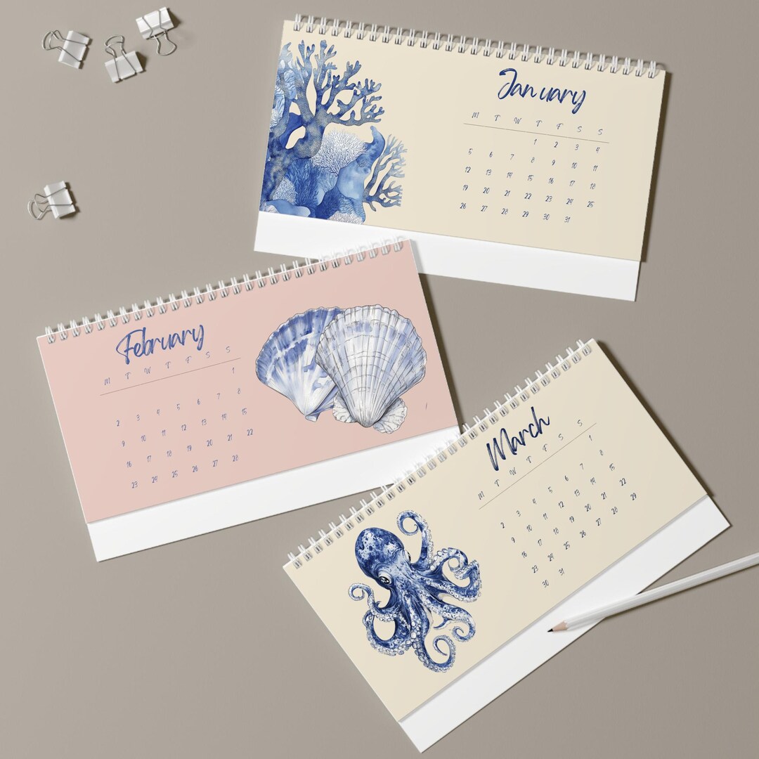 Watercolor Marine Life Desk Calendar 2026 | Nautical Coral Shells ...