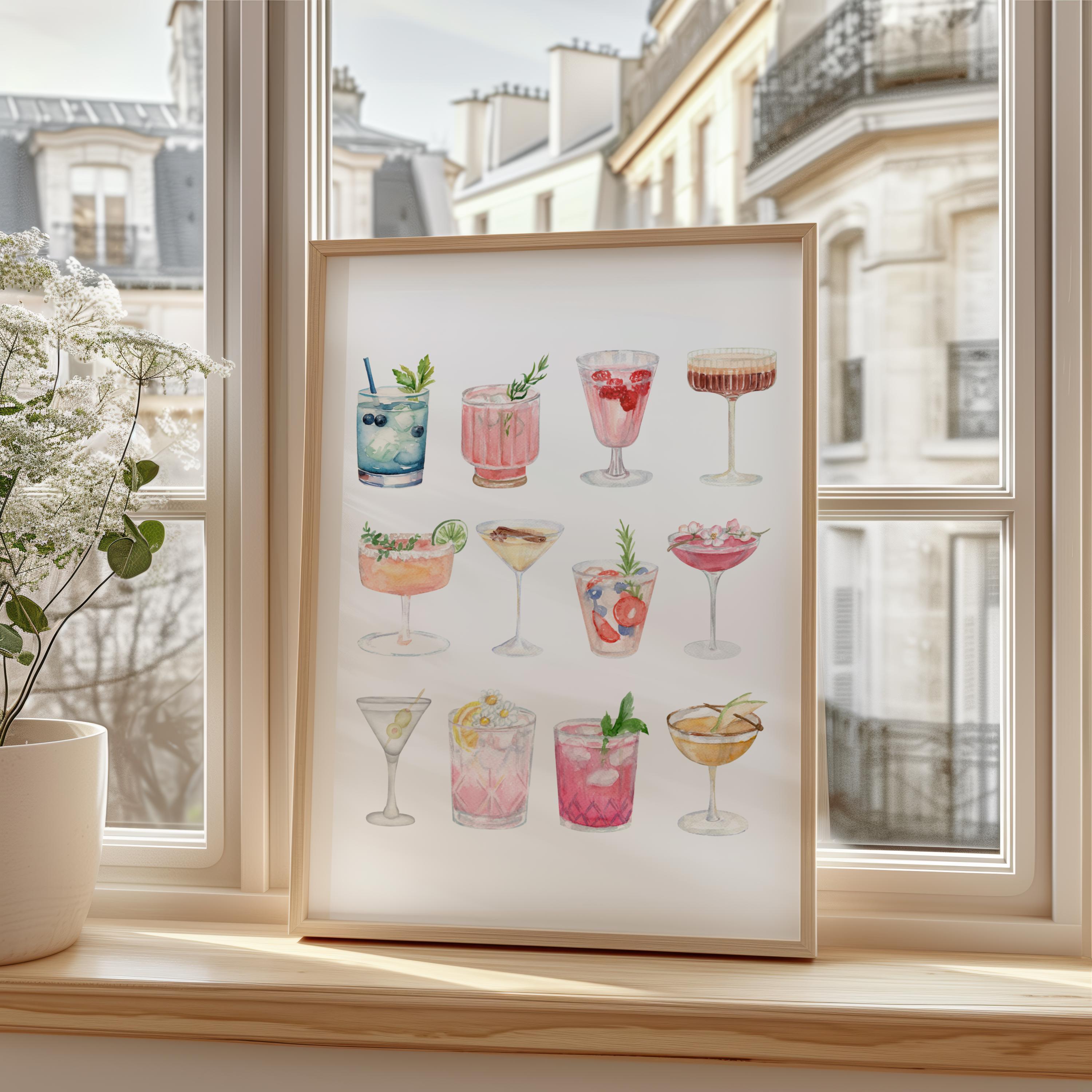 Watercolor Cocktail Digital Print, Bar Cart Decor, Coquette Room Decor ...