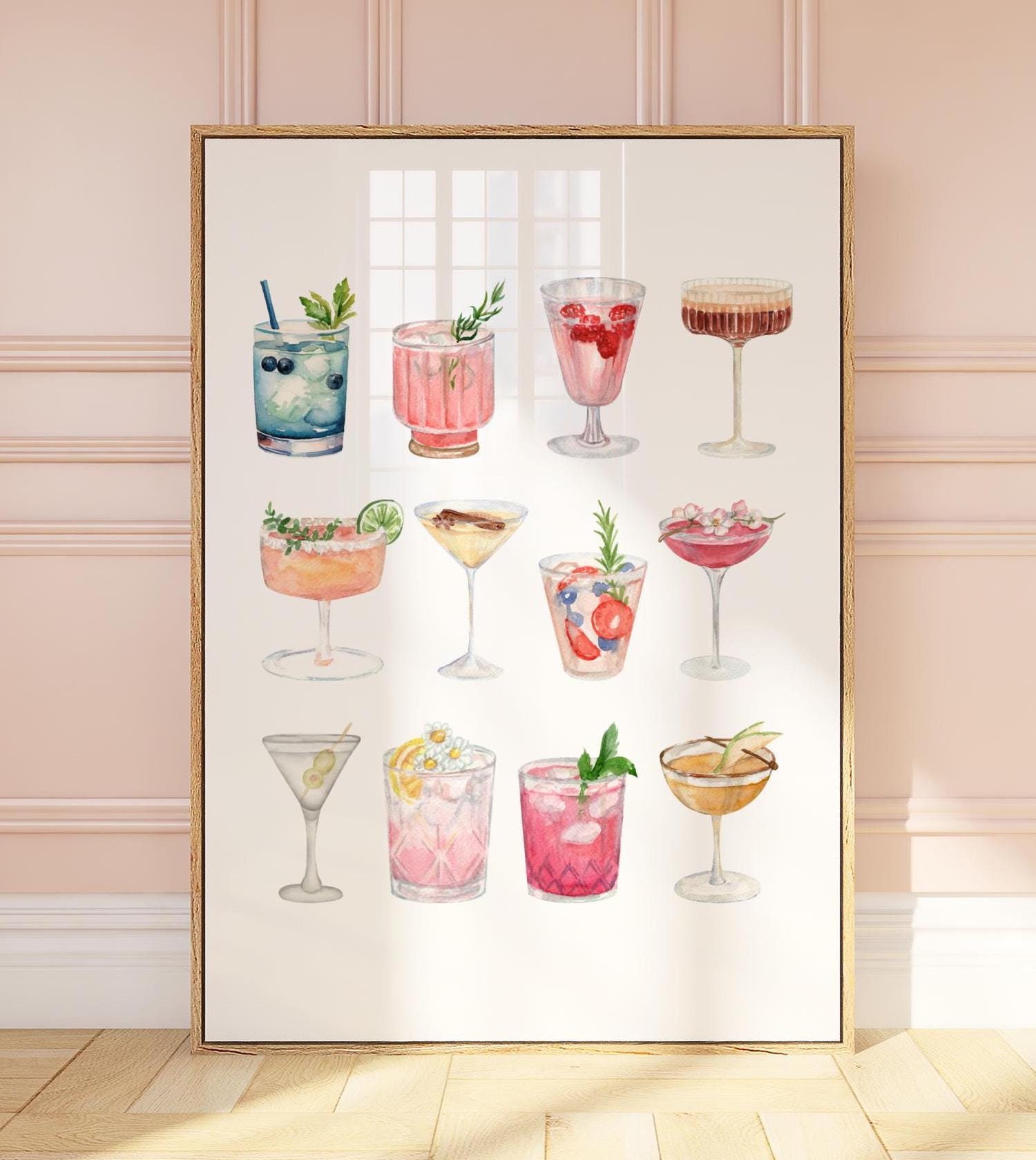 Watercolor Cocktail Digital Print, Bar Cart Decor, Coquette Room Decor ...