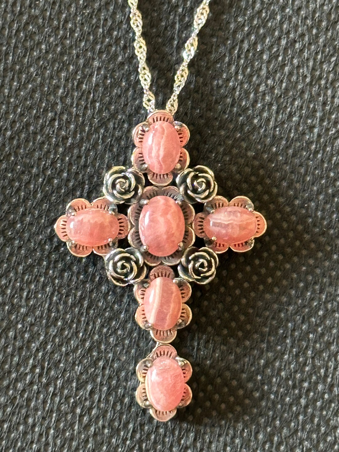 JTV Pink Rhodochrosite Sterling Silver Roses Cross Pendant With Chain ...