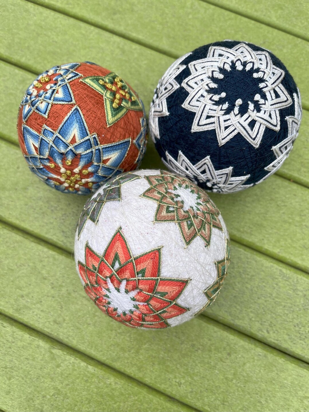 Assorted Christmas Temari Balls Floral Blue, Green, Gold, White ...