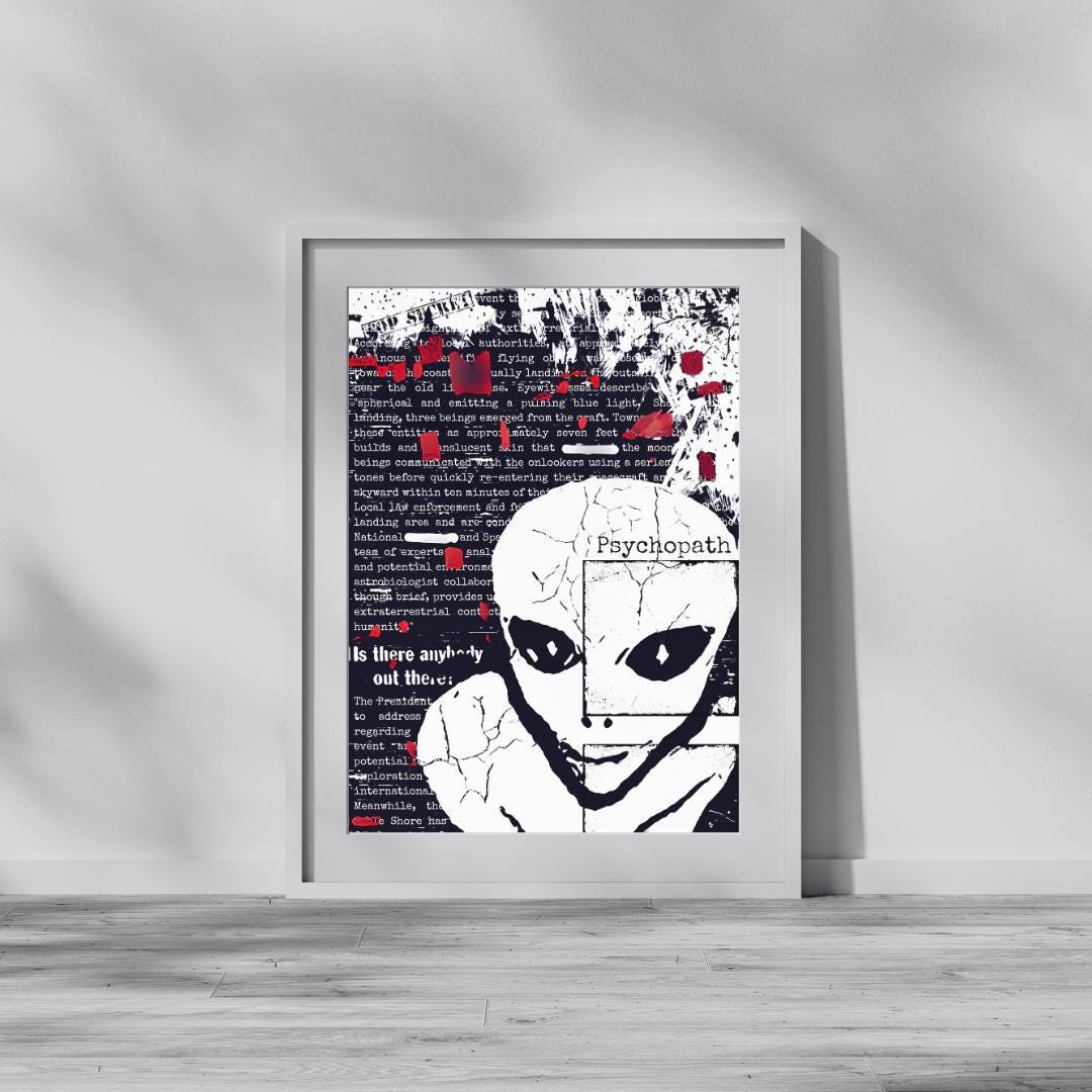 Alien Psychopath Digital Wall Art Print, A4, A3, A2, Black and White ...