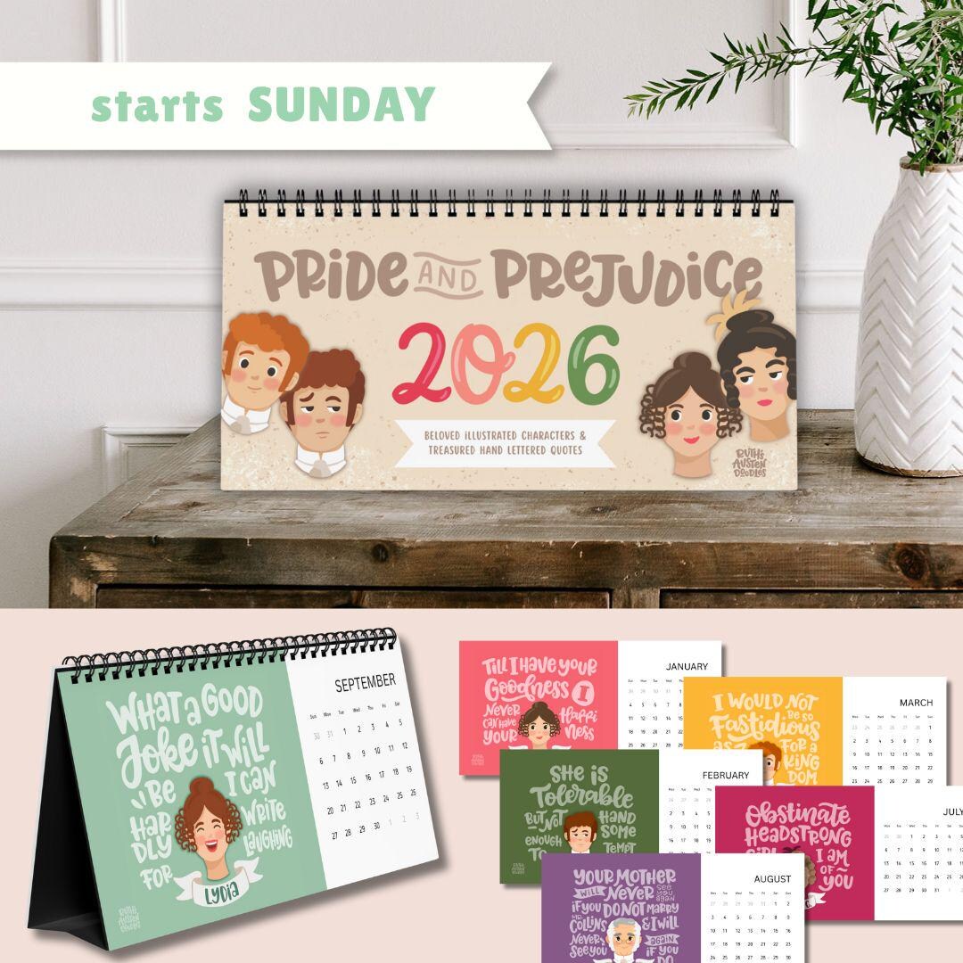 2026 Desk Calendar (SUNDAY Start) for Jane Austen Fans | Pride and ...