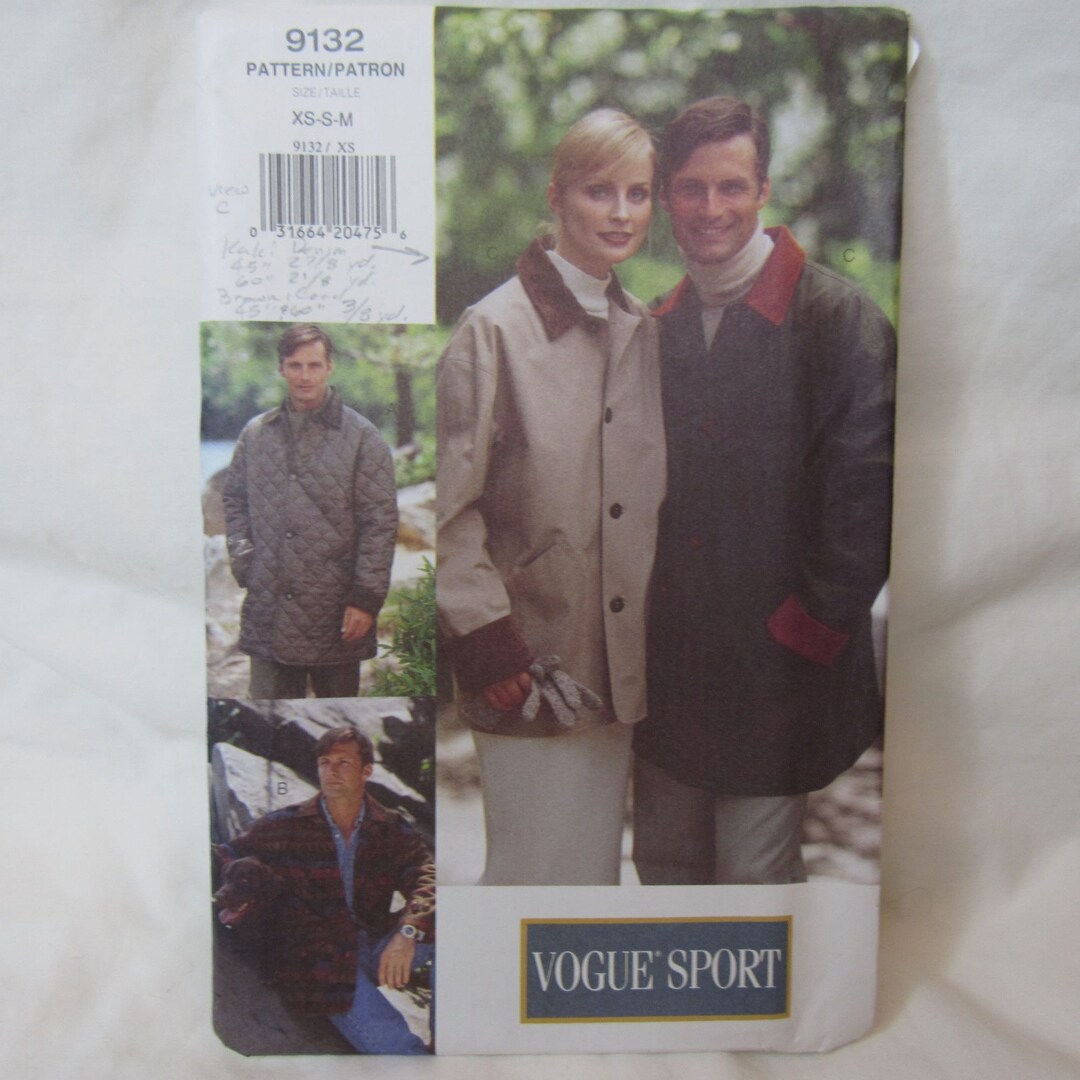 Vogue Sewing Pattern 9132 Size XS to Medium Vogue Sport Unisex Lined ...