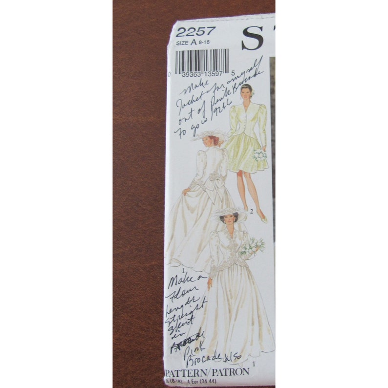 Style Sewing Pattern 2257 Wedding Gowns Jackets Skirts Size 8 to 18 ...