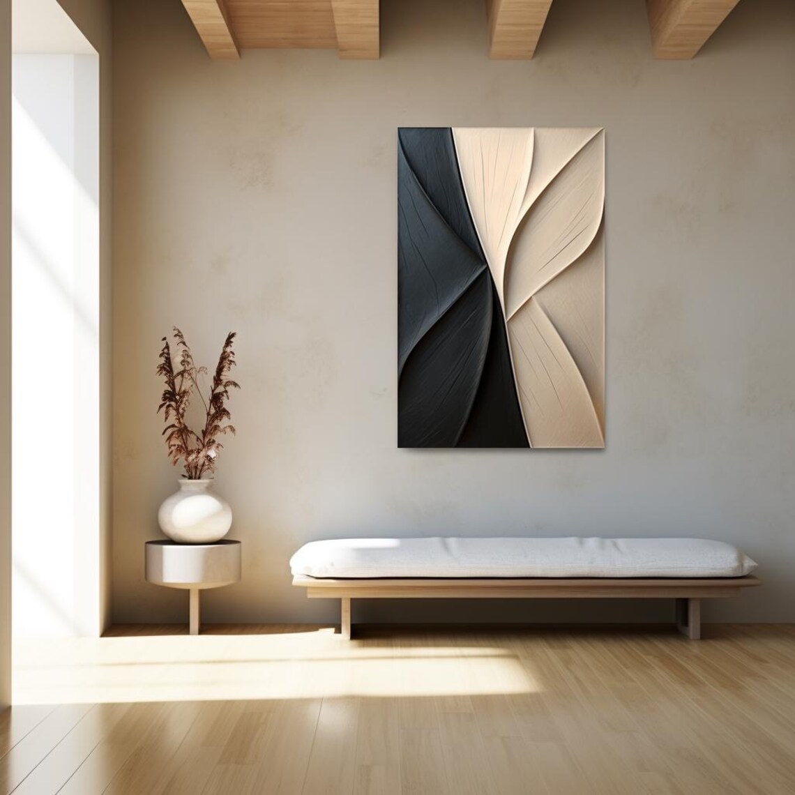 Black and Begie Wood Carving Wall Art Modern Textured Sculptured Home ...