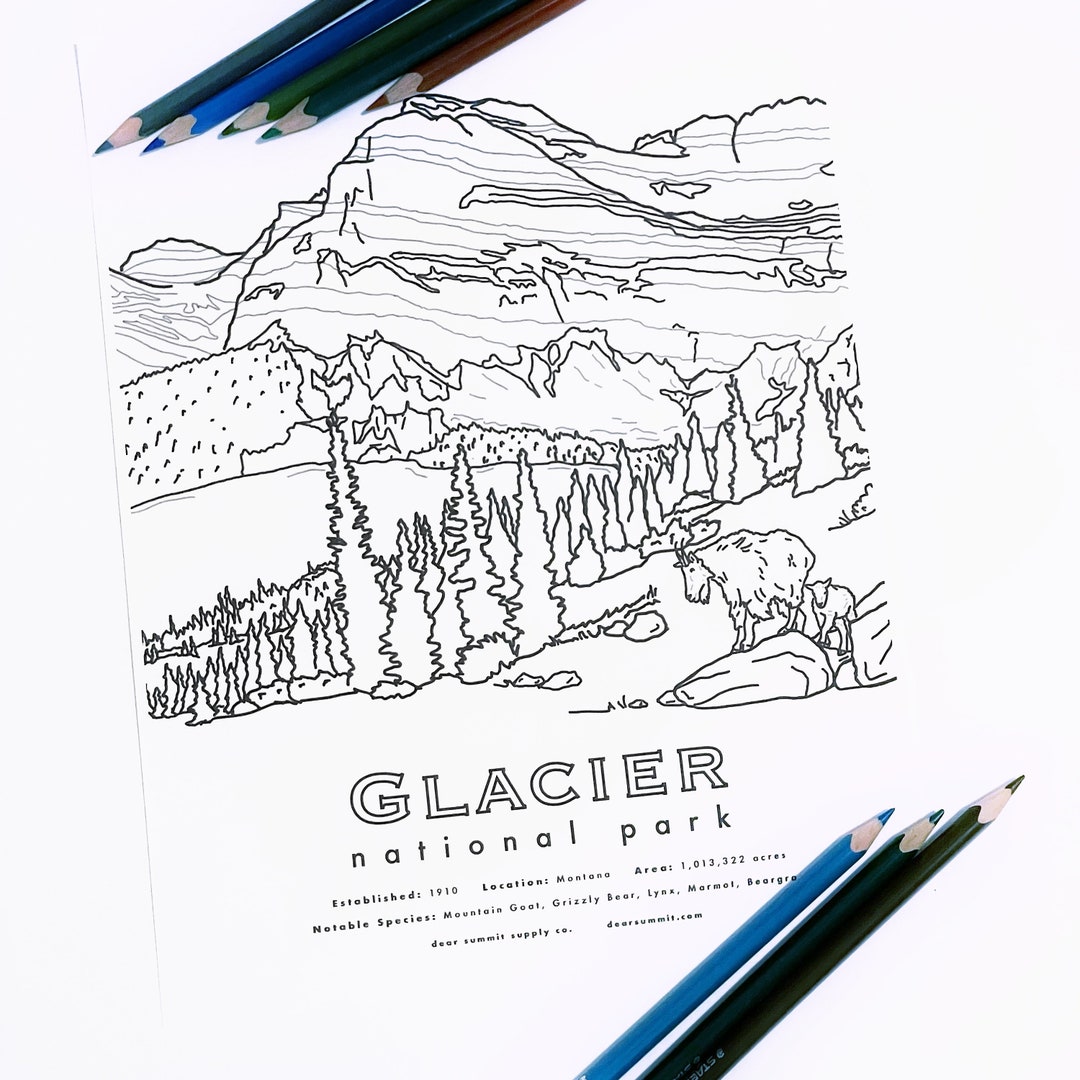 National Park Coloring Page. Glacier NP Coloring Sheet. Adult Coloring ...