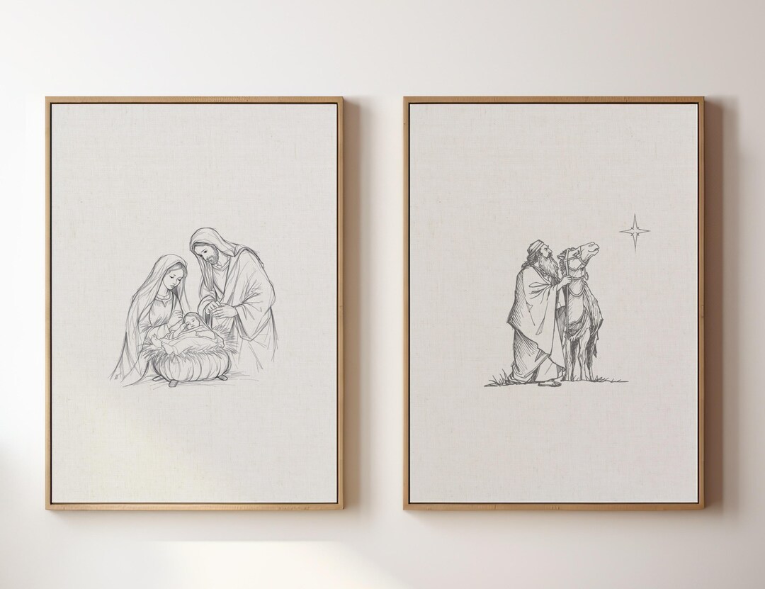 Nativity Scene Printable Wall Art Set, Christian Minimalist Sketch Art ...