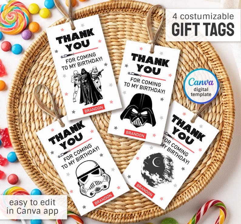 Star Wars Printable Gift Tags, Birthday Party Thank You Card, Editable ...