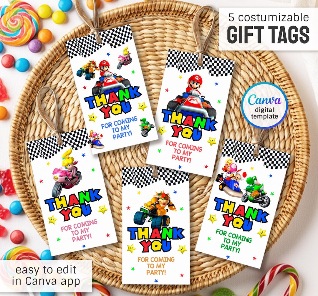 Mario Kart Printable Gift Tags, Birthday Party Thank You Card, Editable ...