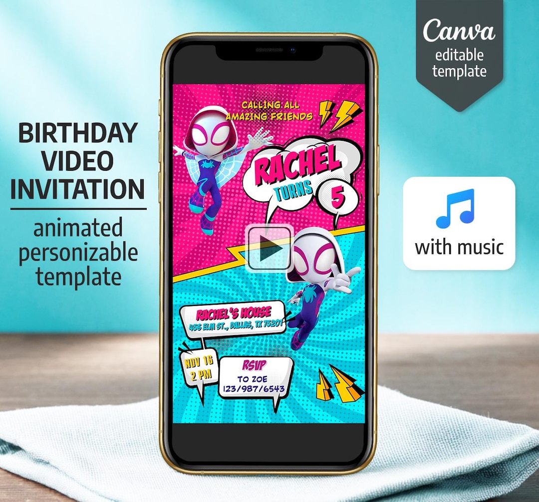 Animated Gwen Birthday Invitation, Spider-verse Girl Birthday Video ...