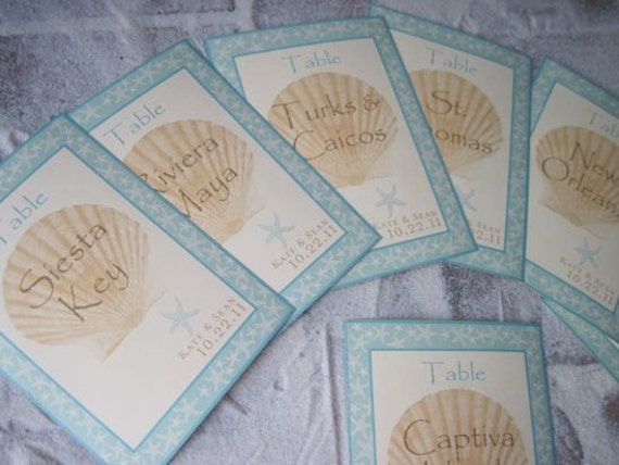 Beachy Seashell and Starfish Table Numbers Customizable 4x6 Beach Names ...