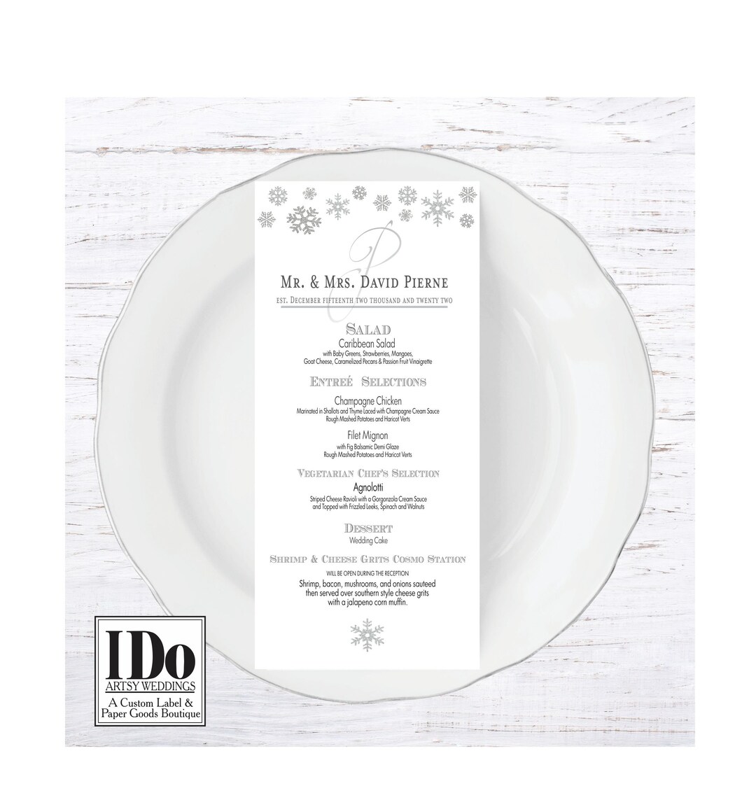 PRINTED Dinner Menu, Silver Snowflake Menu, Custom Wedding Menu, Winter ...