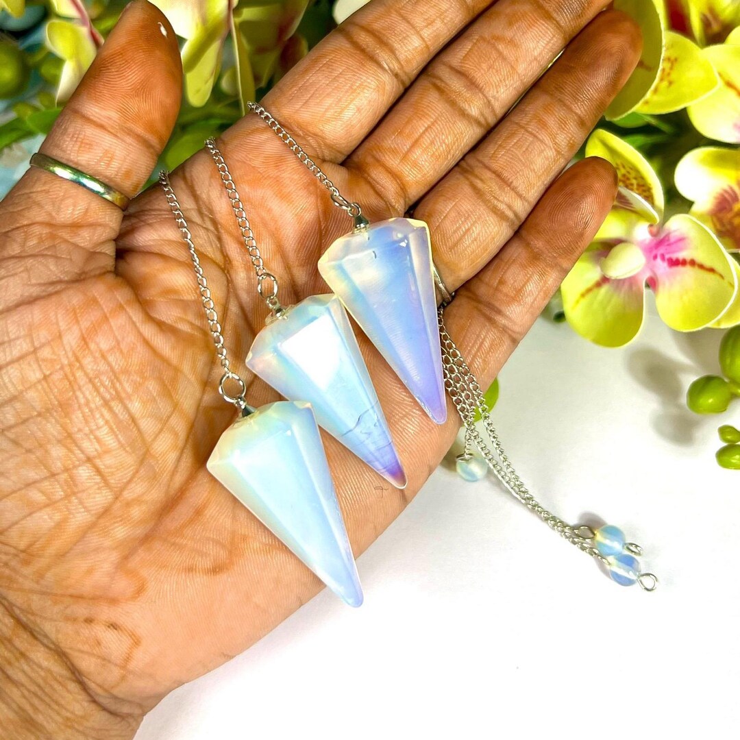 Opalite Stone Crystal Pendulum , Natural Healing Crystal Divination Chain Pendulum for Reiki ...