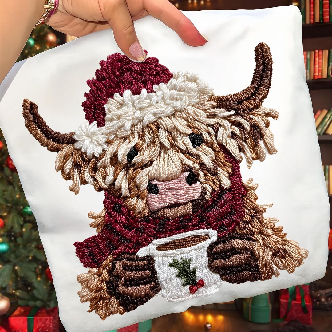 Christmas Highland Cow Hot Cocoa Latch Hook Yarn Crochet PNG, Faux Yarn ...