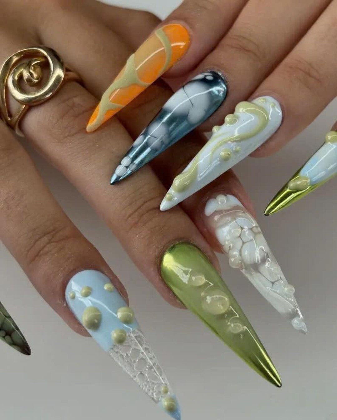 Abstract Chrome Press on Nails, Unique Geometric Andmetallic Designs ...