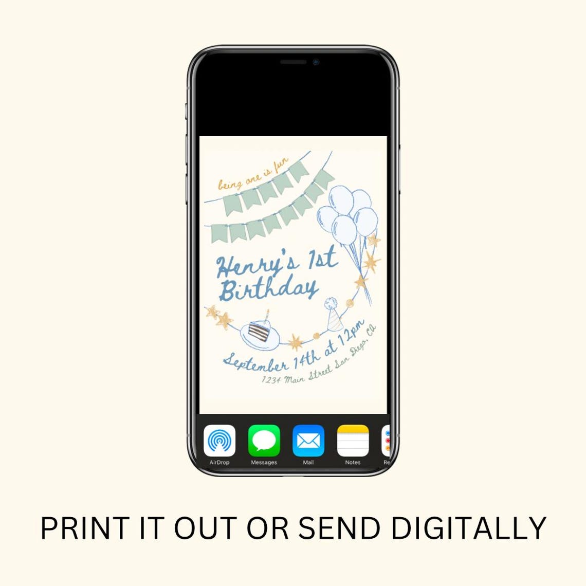 One is Fun 1st Birthday Invitation: Blue, Sage & Yellow Stars (digital ...