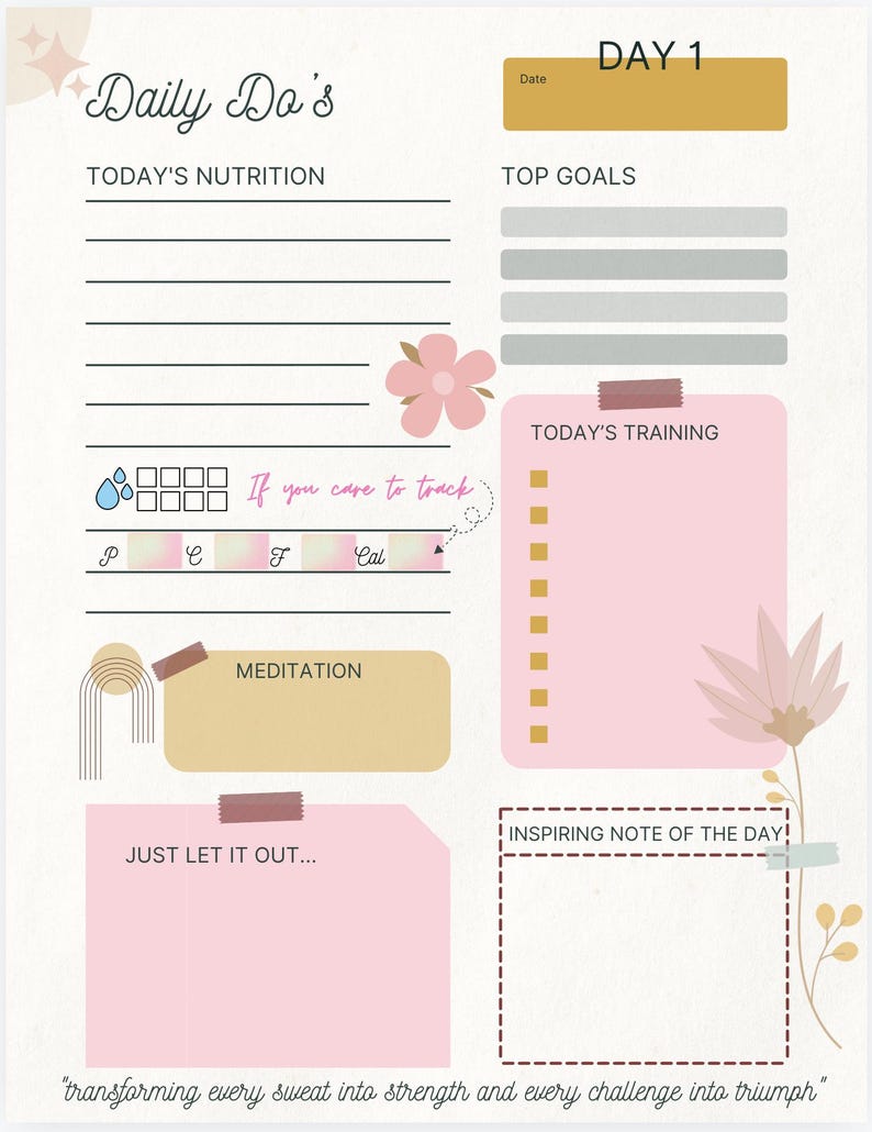7 Day/1 Week-daily Planner/journal (training/nutrition/mindfulness) Fun ...