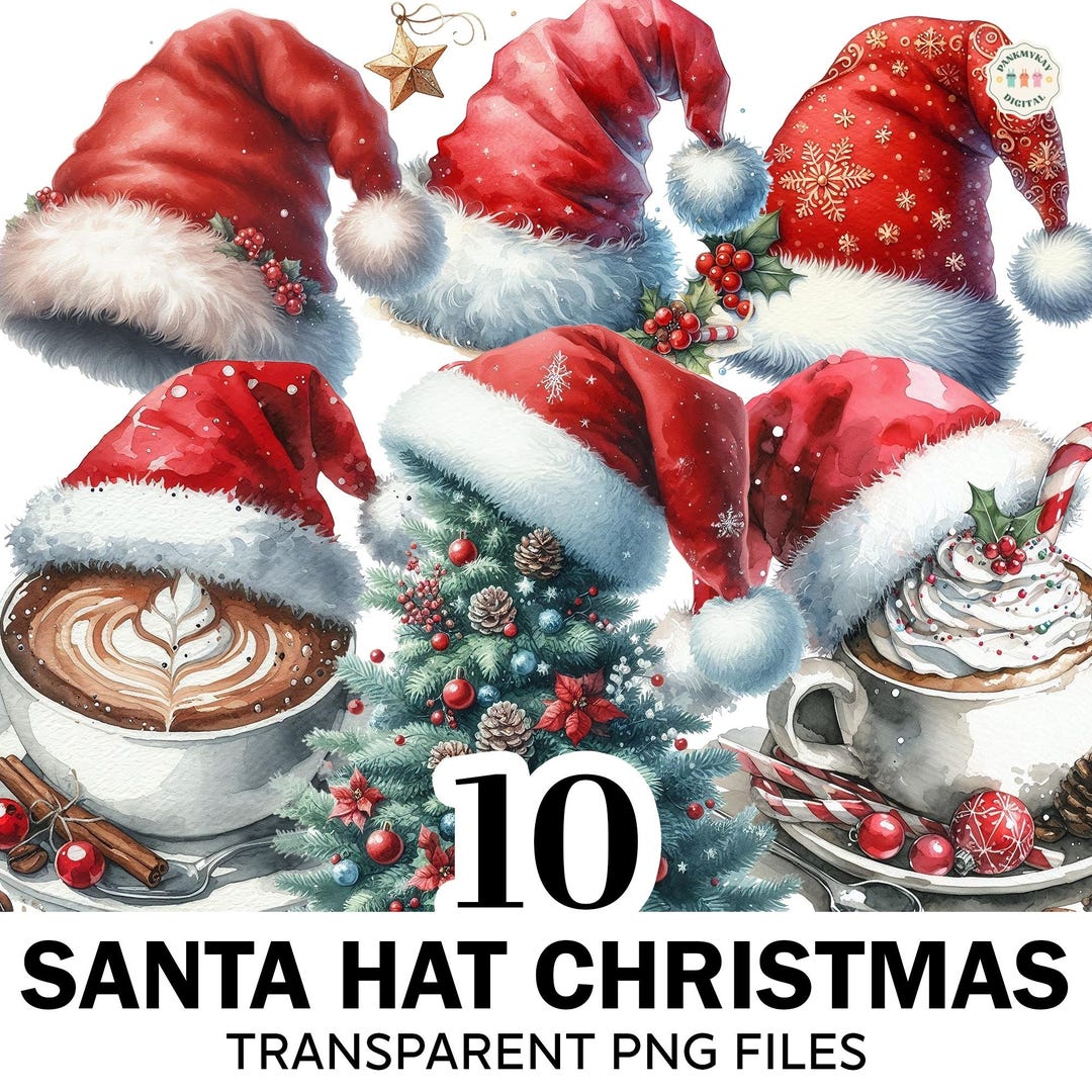 Watercolor Santa Hat Clipart, 10 PNG Santa Claus Hat Clipart, Christmas ...