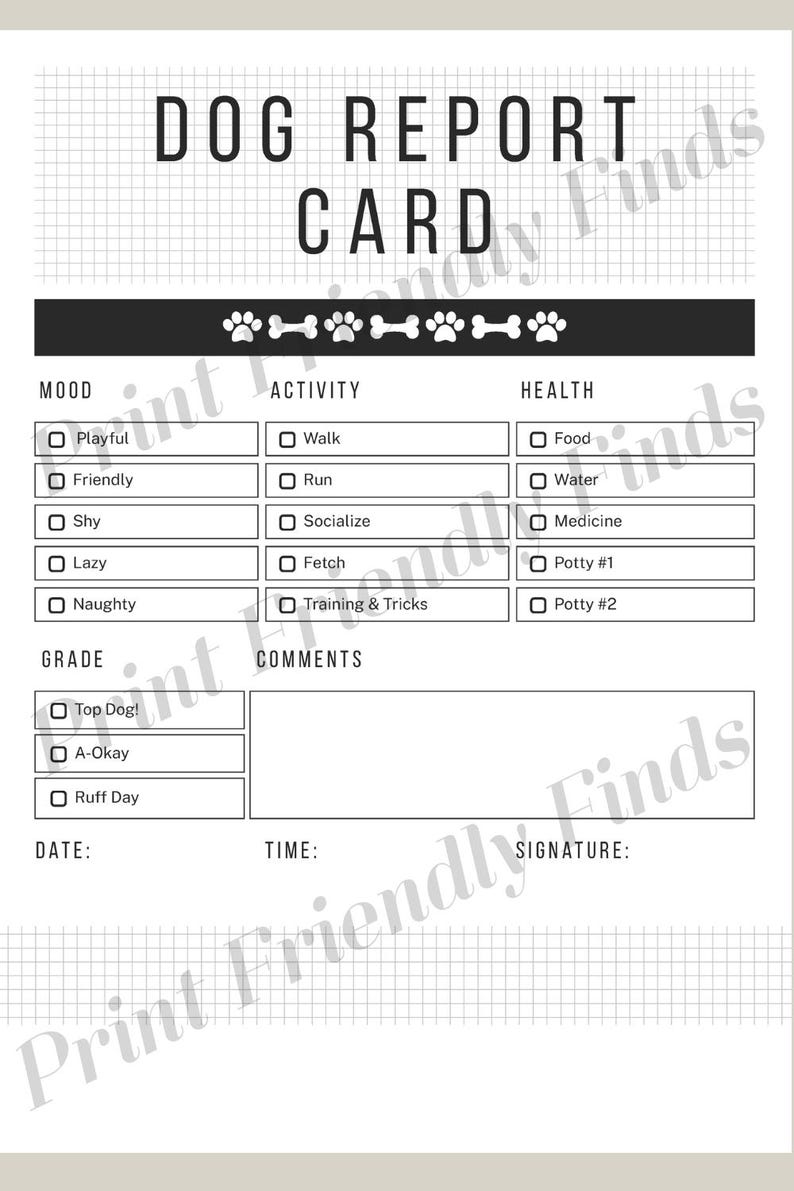 Printable Dog Report Card | Pet Sitter, Walker, Daycare (digital ...