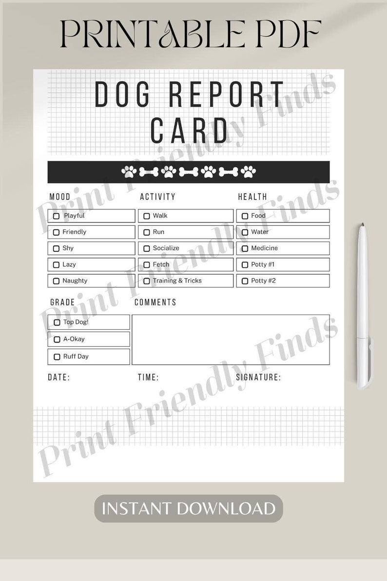 Printable Dog Report Card | Pet Sitter, Walker, Daycare (digital ...