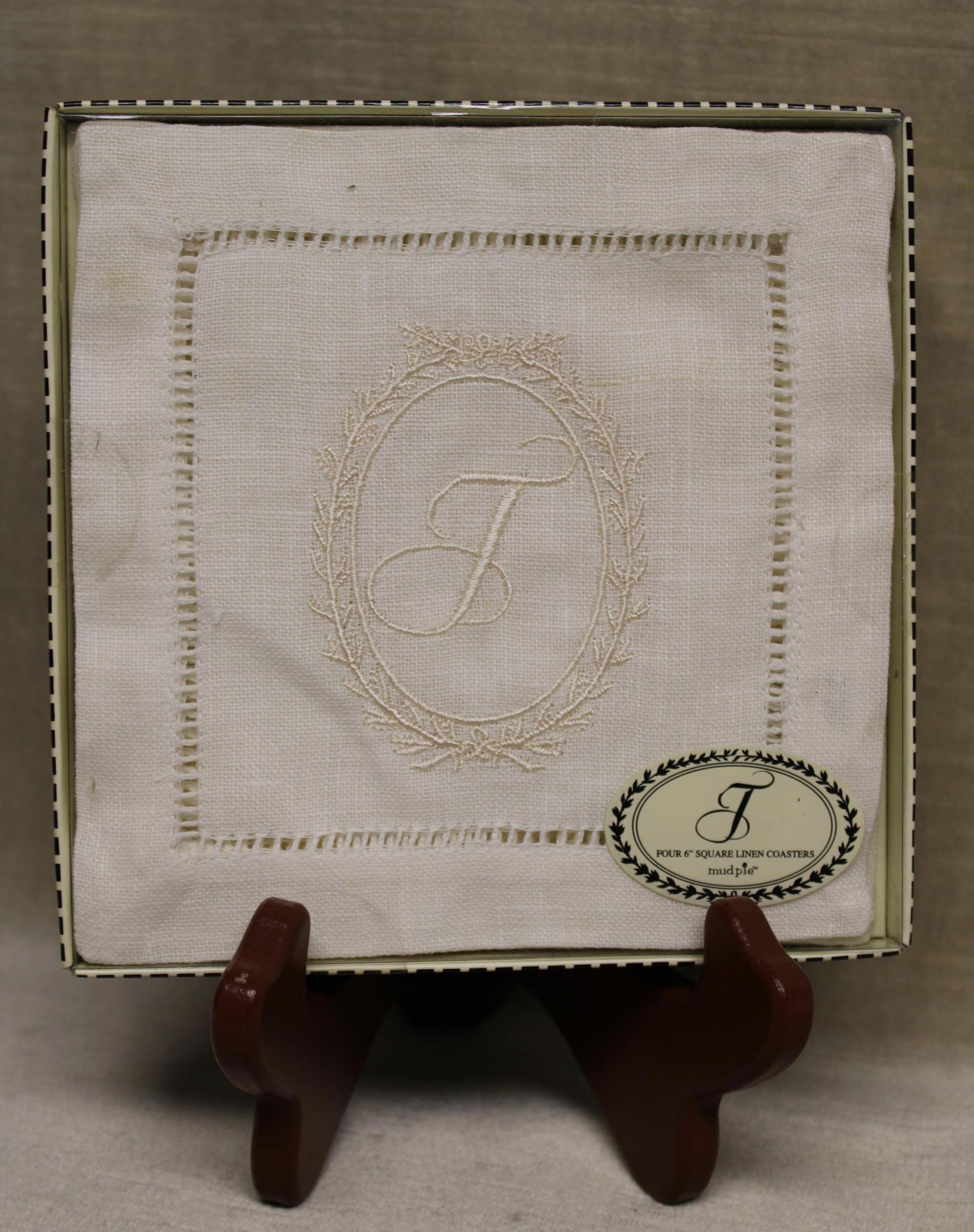 MUDPIE Coasters 6" Square Ladder Hemstitch Stitch 100% Linen Natural ...