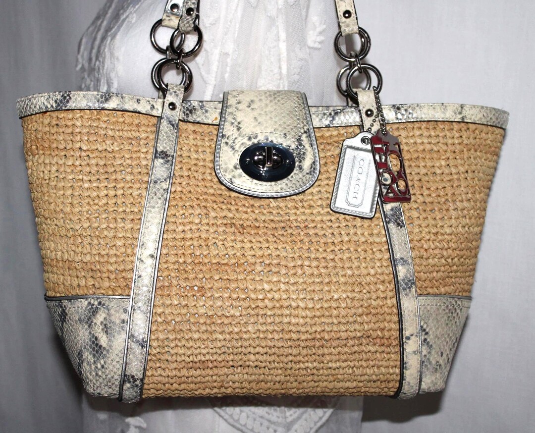 Coach Straw W/leather Python Tote & Shoulder Bag - Etsy