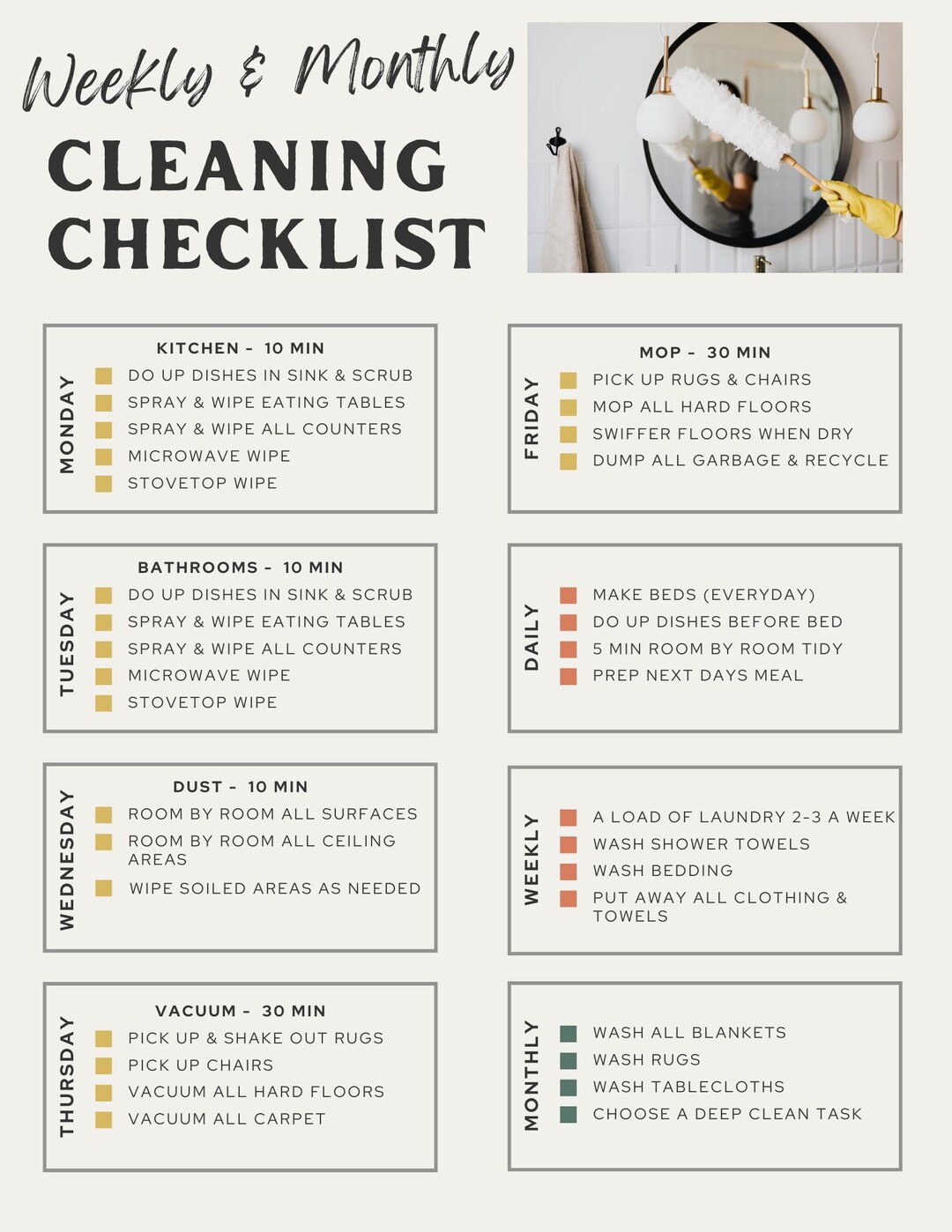 Weekly & Monthly Cleaning Checklist Digital Home Cleaning Planner ...