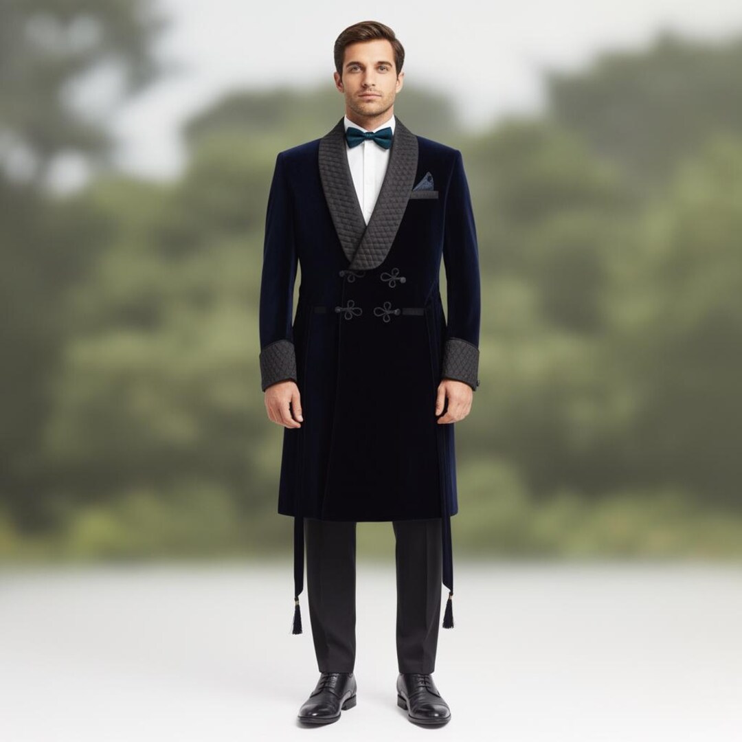 Men's Navy Blue Velvet Smoking Jacket, Black Silk Lapels - Etsy