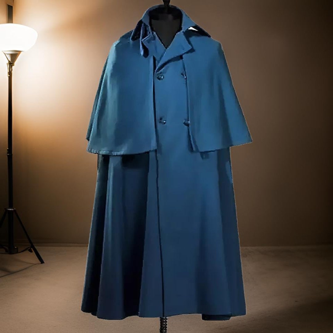 Men's Cloak Jacket Blue Fall Long Coat Fashion Blend Double Breasted ...