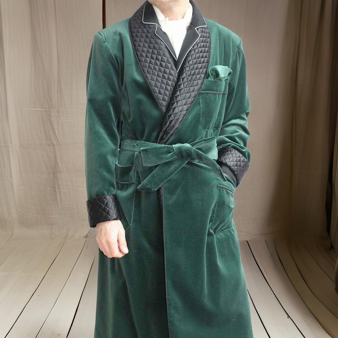 Men's Green Velvet Long Smoking Jacket, Velvet Smoking Jacket With ...