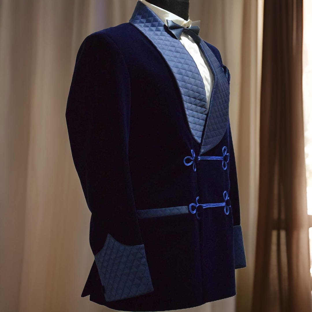 Men's Navy Blue Velvet Short Smoking Jacket, Velvet Smoking Jacket With ...