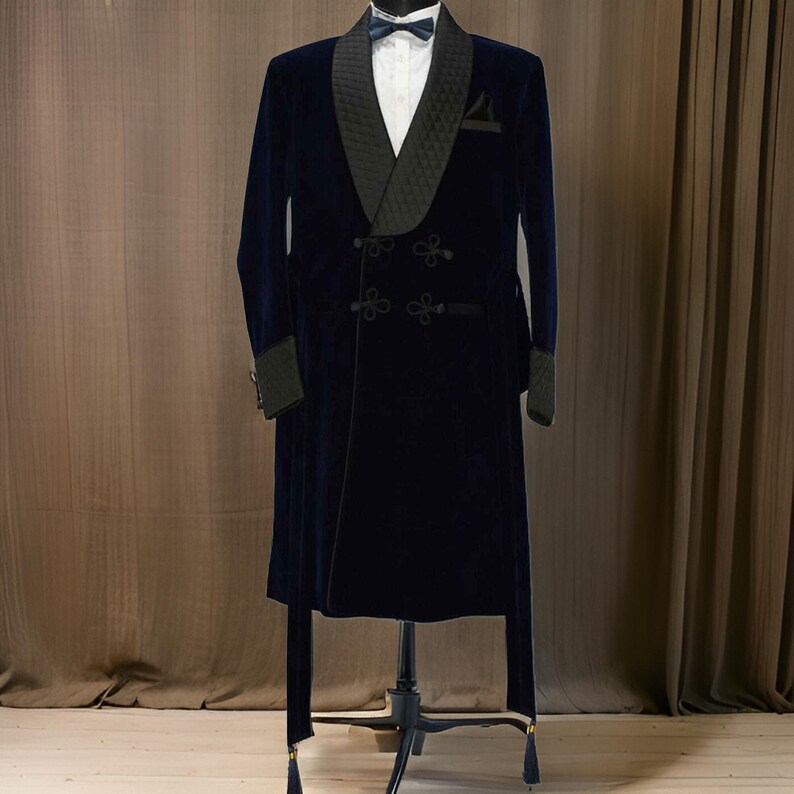 Men's Navy Blue Velvet Smoking Jacket, Black Silk Lapels - Etsy