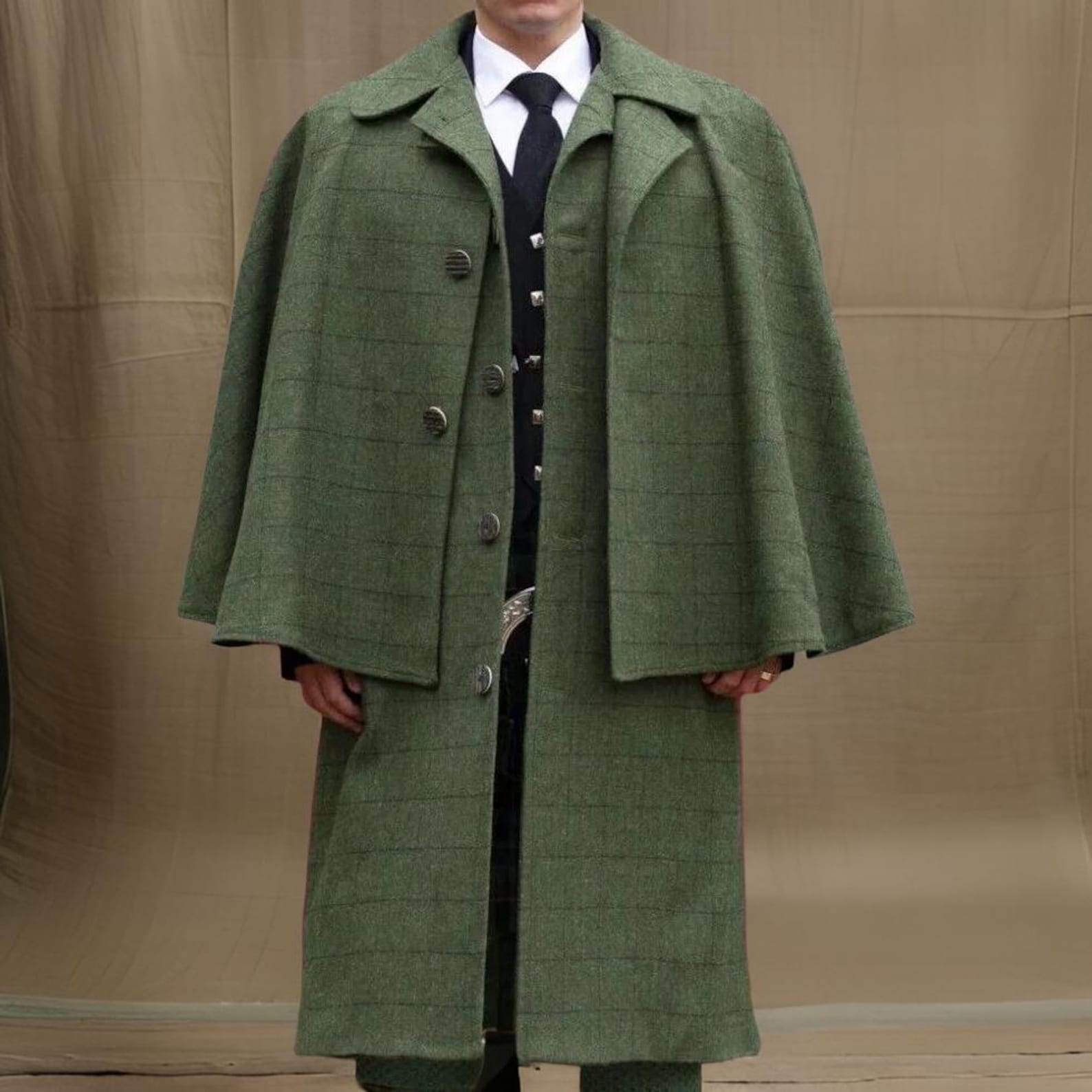 Green Tweed Wool Tailcoat Garrick Tweed Wool Cape Coat, Men's Regency ...