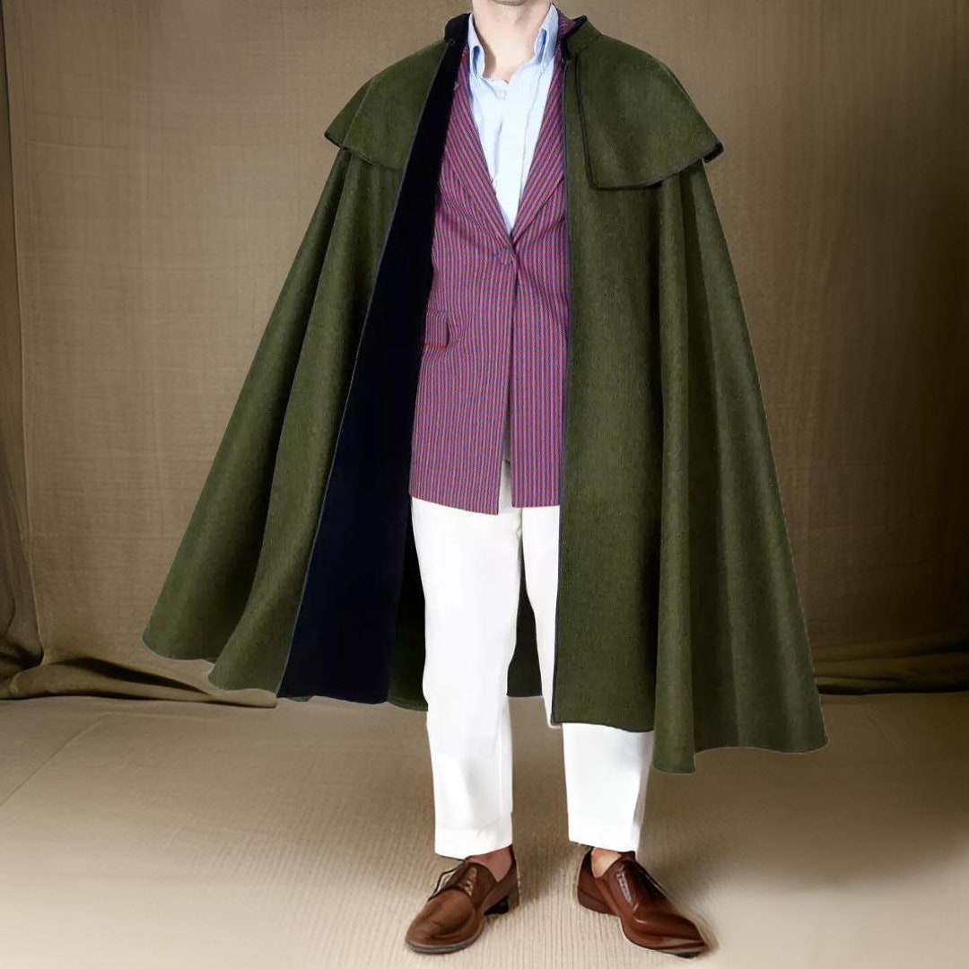 Men's Mens Inverness Classic Cape Coat Wool Green Simple Cape, Duster ...
