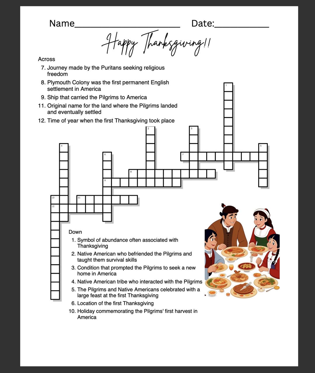 Printable Thanksgiving Crossword Activity Worksheet. Key Terms ...